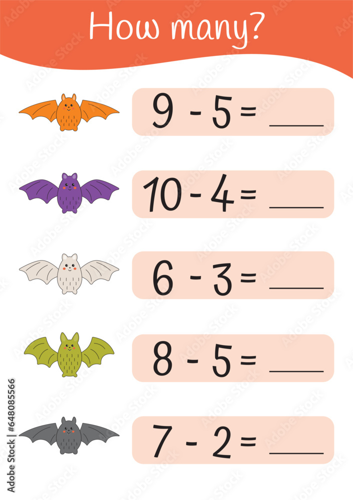 Halloween printable educational math worksheet. Subtraction, counting ...