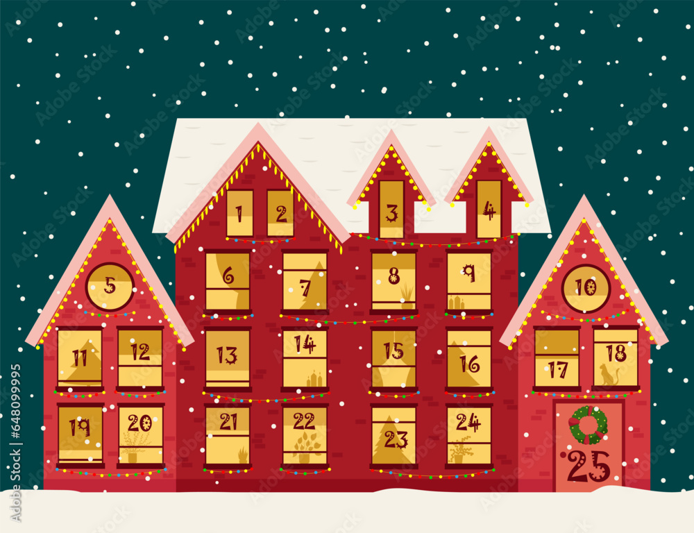 Advent calendar template. Christmas house with countdown windows. Merry ...