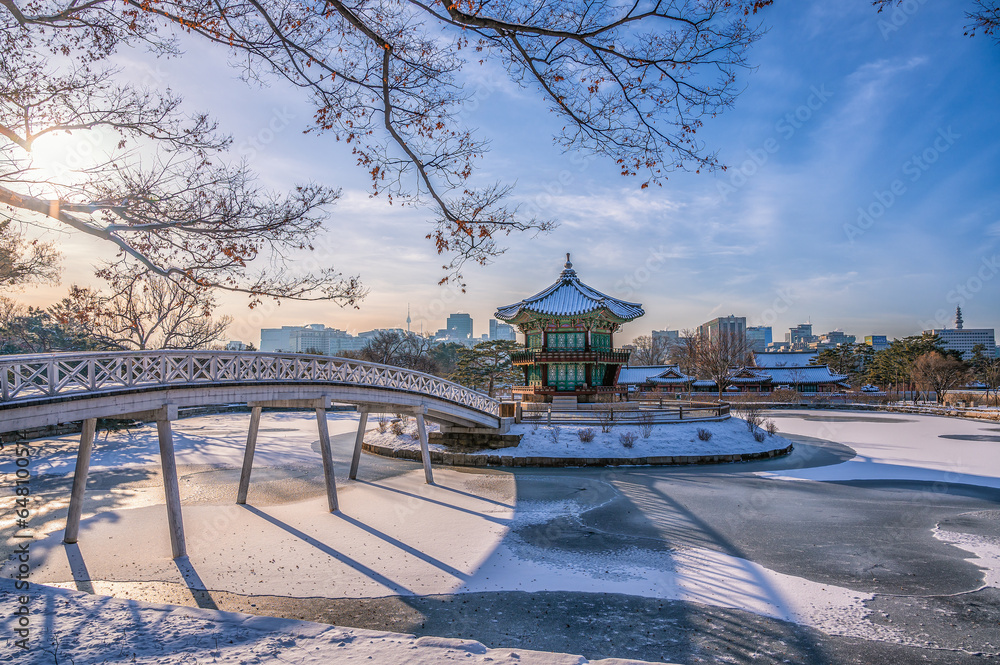 Gyeongbokgung Palace in winter covered with snow in Seoul, South Korea ...