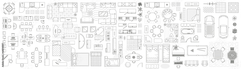 Set of linear icons. Interior top view. Vector Illustration. Floor plan ...