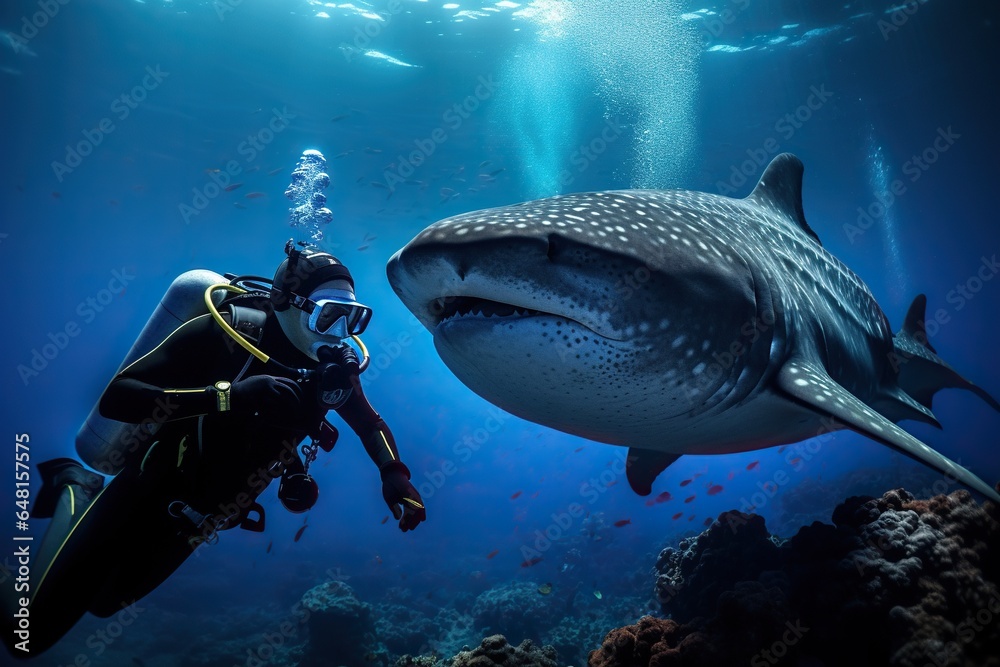 A scuba diver swims near a large shark underwater. The underwater sea ...