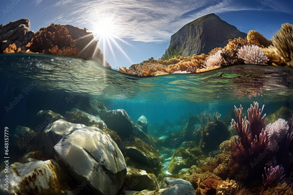 Underwater landscape of algae and rocks and coral reefs. The underwater ...
