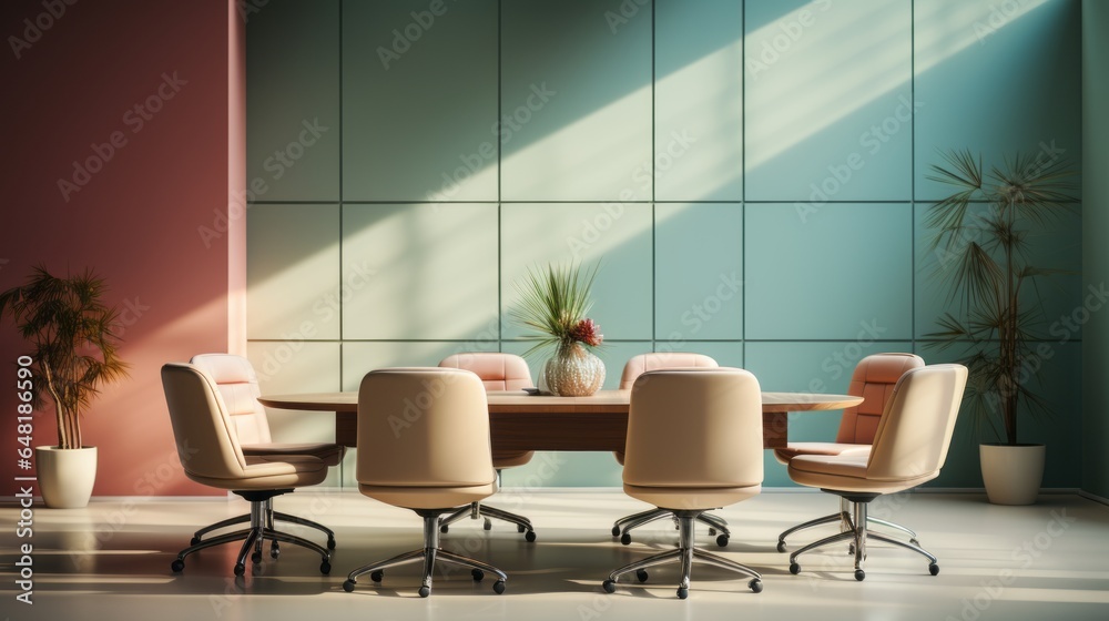 Beige leather ergonomics chairs at round meeting table against bright ...