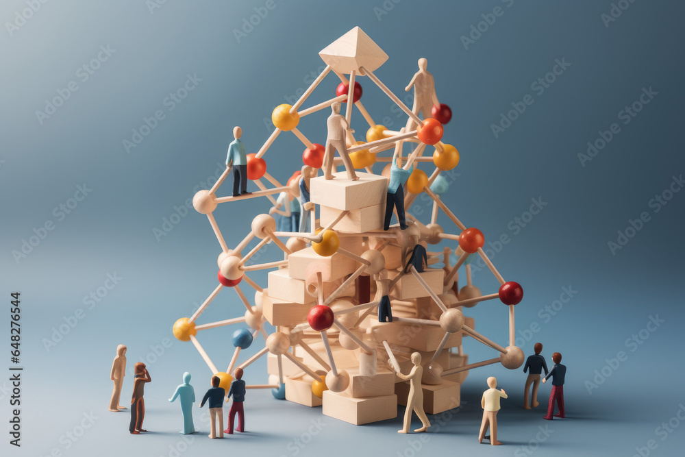 A team of abstract figures working together to build a towering ...