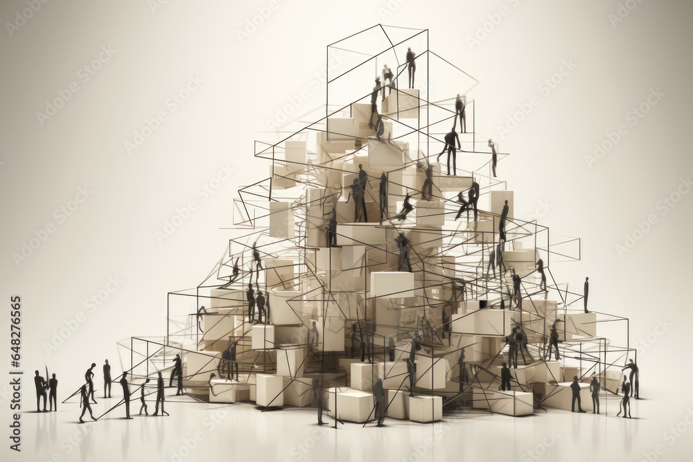 A team of abstract figures working together to build a towering ...