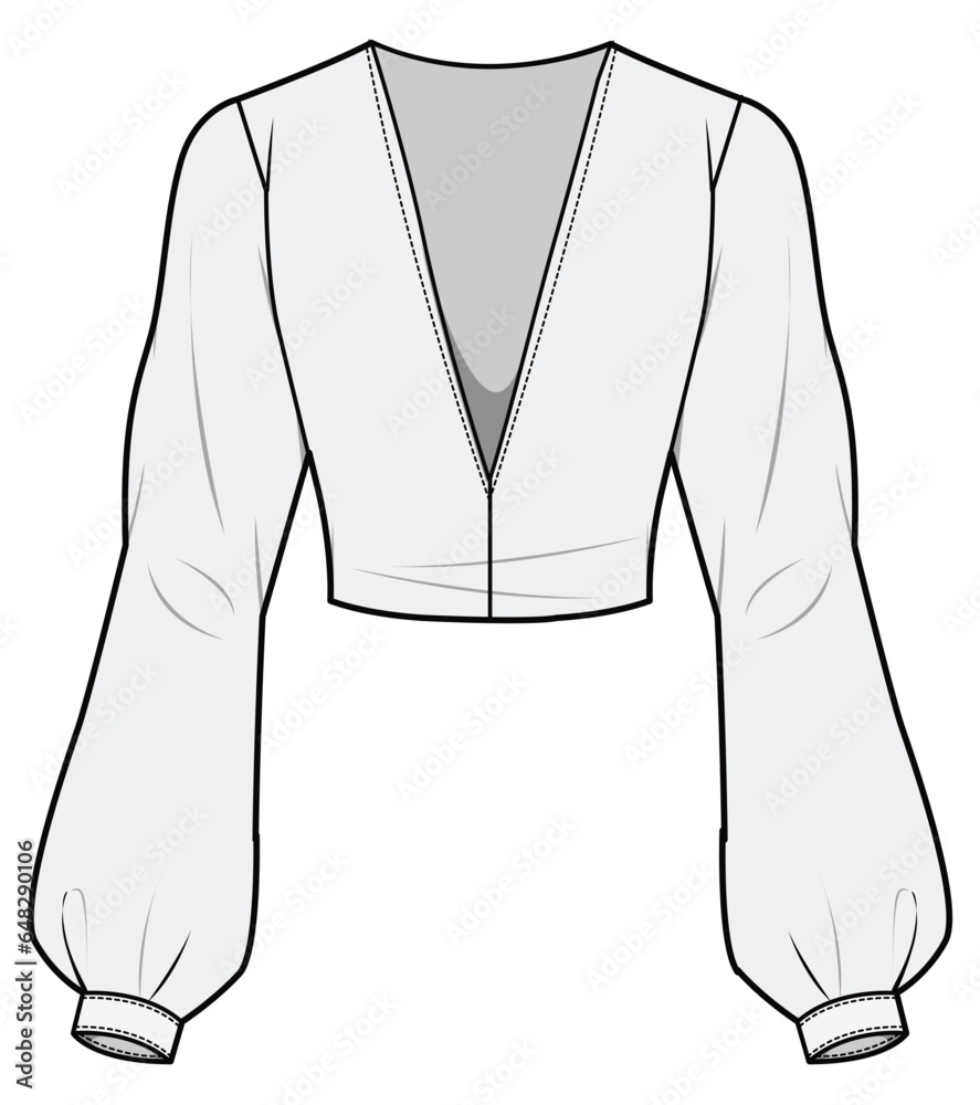 Bishop Sleeve Deep V-Neck Crop Top Fashion Flat Sketch Vector ...