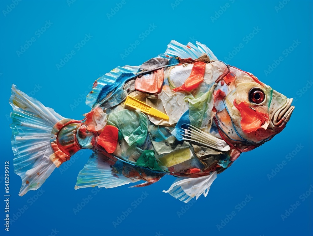 Fish made of waste plastic trash swimming in the sea, concept of water ...