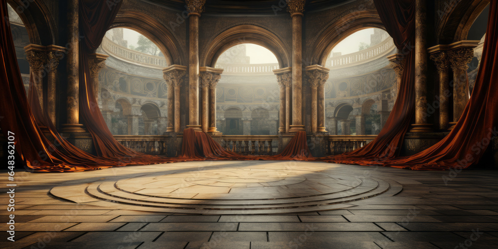 Ancient Rome, old stone podium with curtains, background with antique ...