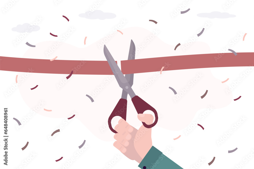 Grand opening card with ribbon. Hand uses scissors and cutting red tape ...