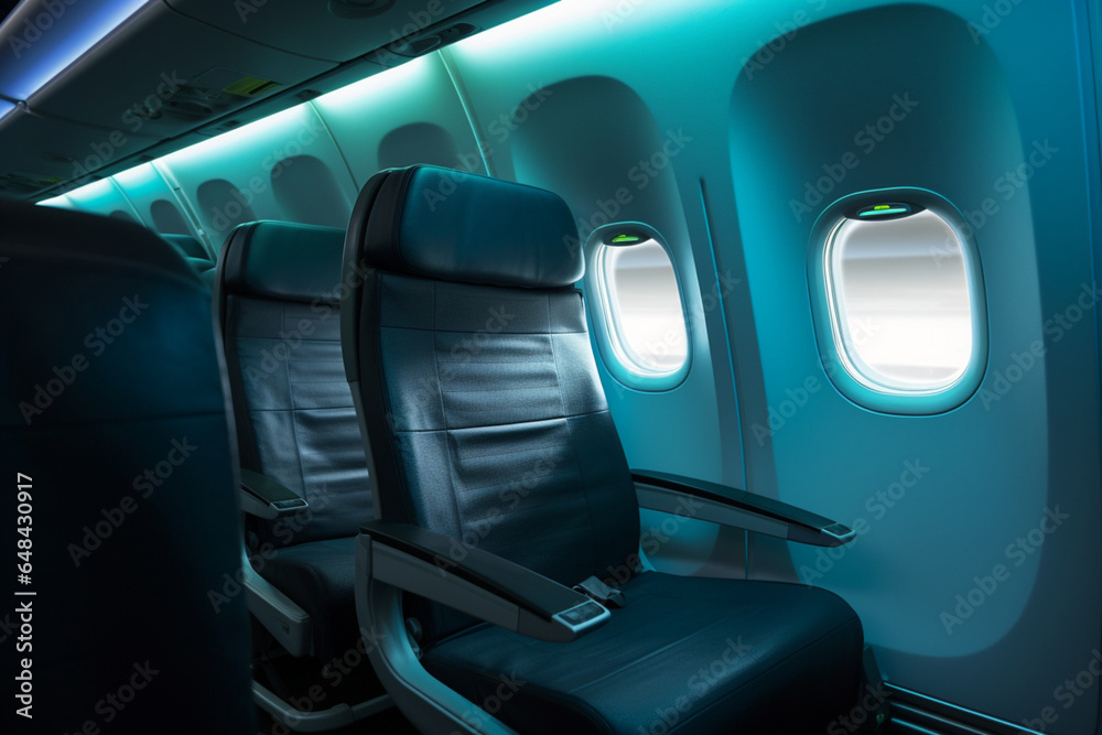 Airplane flight safety concept : emergency exit seat row in airplane ...