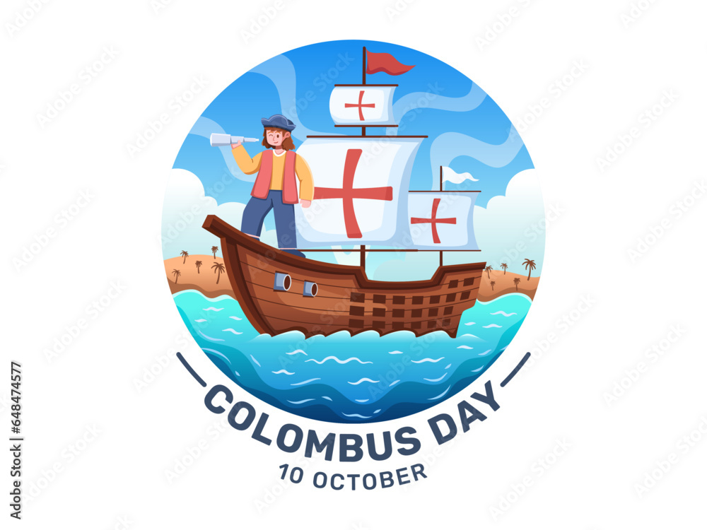 Vector illustration for Columbus Day, depicting Christopher Columbus as he stands aboard his ...