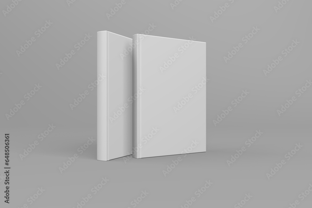 Realistic 3D book mockup illustration with 2 hard covers. Book model standing upright on ...