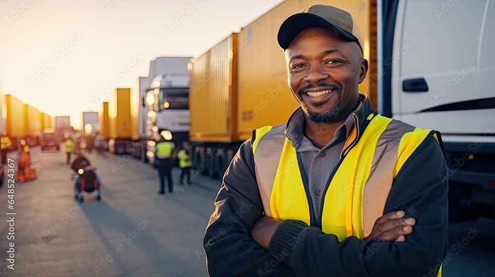 African American transportation factory truck driver standing and ...