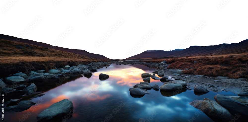 transparent PNG. a lake and hills in the horizon. lake reflecting the ...