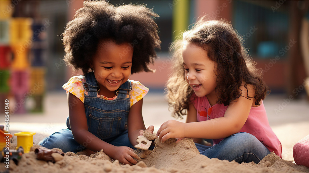 Children of various ethnic backgrounds playing together in a sandbox ...