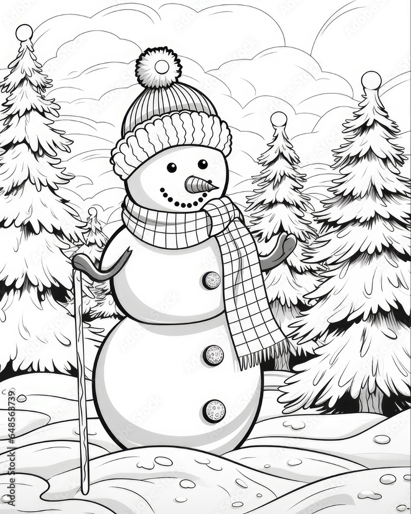 Snowman Black and White - a Fun Christmas Colouring Book Page for ...