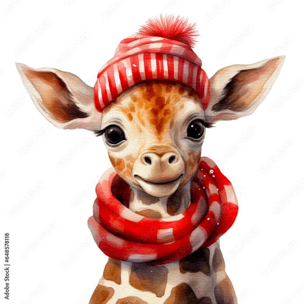 watercolor portraits of a Cute giraffe with a Santa hat, Cute and funny ...