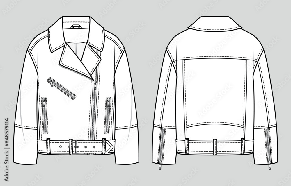 Oversized biker leather jacket. Unisex style. Fashion sketch. Flat ...