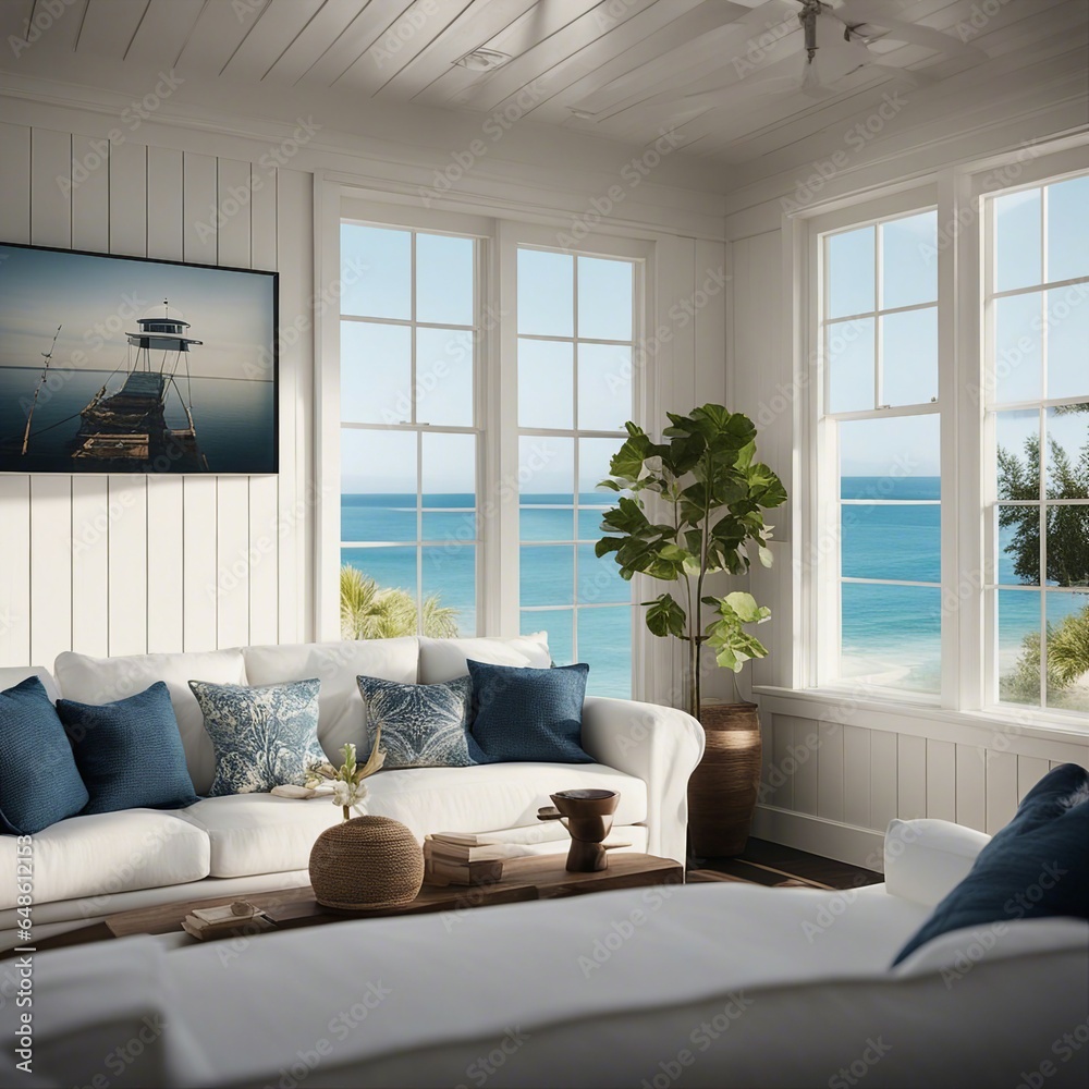 Coastal-themed living room with nautical decor, white shiplap walls and ...