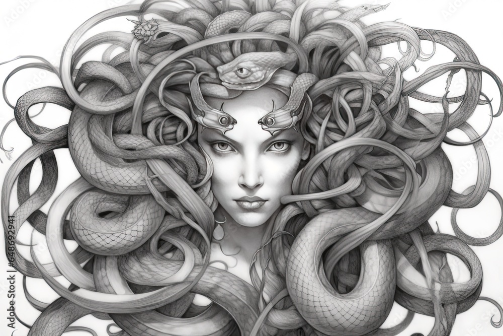 Serpent Queen: Medusa A Mythical Gorgon Drawing with Petrifying Gaze ...