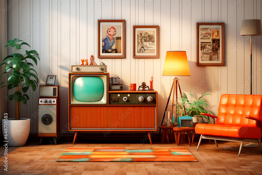 Colourful concept living room design in the style of the 70s front view ...