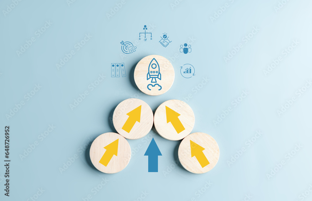 Photo Stock Business growth success arrow up with rocket launch concept ...
