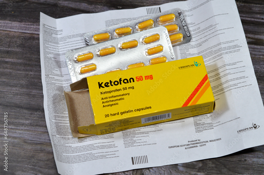 Cairo, Egypt, September 13 2023: Ketofan Ketoprofen 50mg capsules, an ...