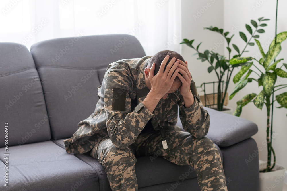Having flashbacks. Post traumatic stress disorder. Soldier in uniform ...