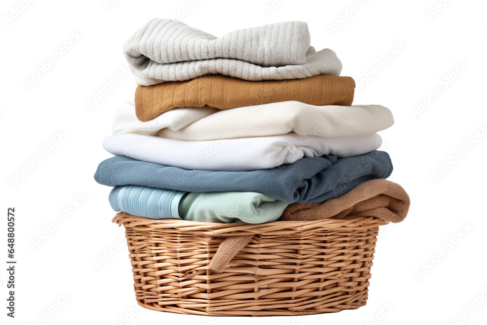 Stack of clean clothes and Wicker basket with clean laundry isolated on ...