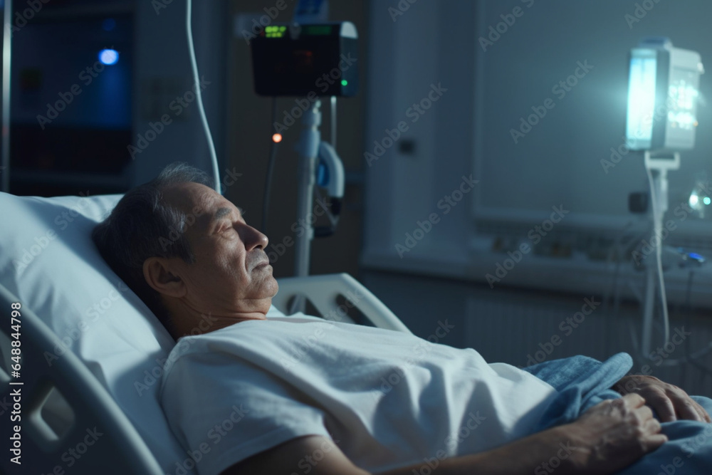 Senior man sleeping in a hospital bed or ICU due to an emergency cancer ...