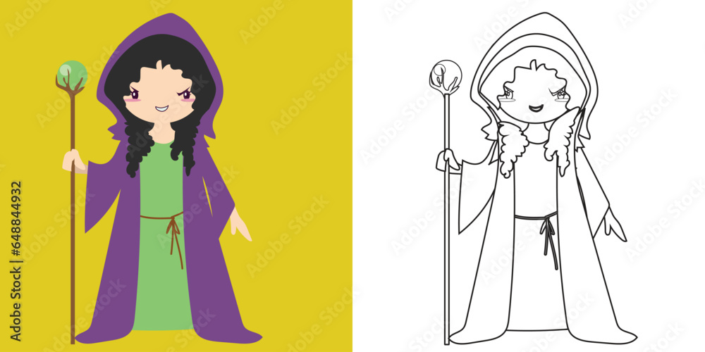 Colouring cute fairytale kingdom character. Coloring an evil witch in a ...