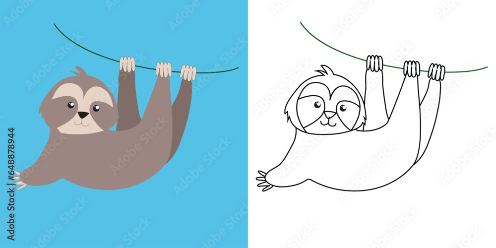 Colouring the animals. Coloring a cute cartoon sloth. Simple colouring ...
