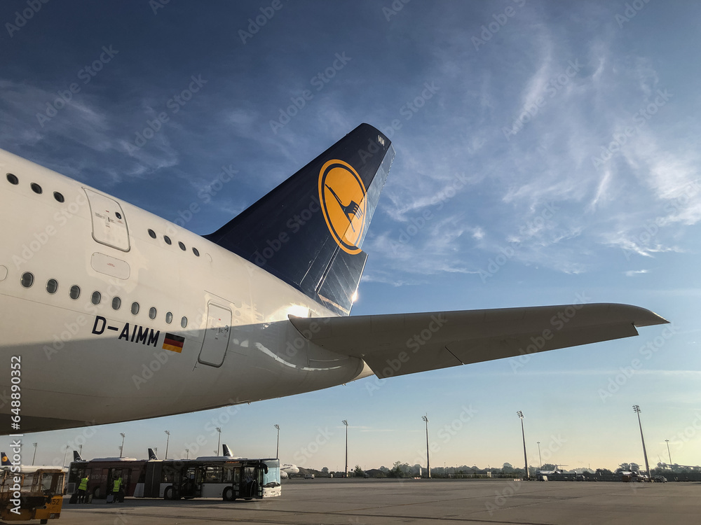 View of tail fin and parts of wing and fuselage of Lufthansa Airbus ...