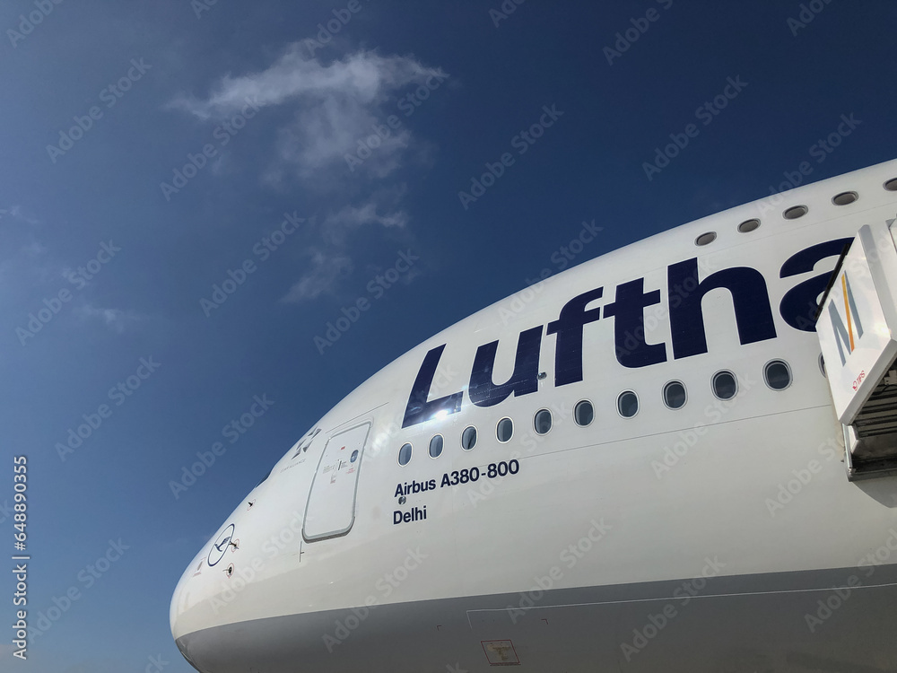 Lufthansa double decker jumbo Airbus A380 partial fuselage with windows ...