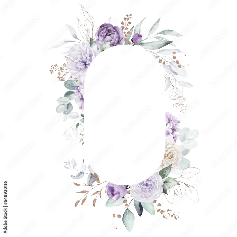Watercolor floral frame - illustration with gold violet purple blue ...