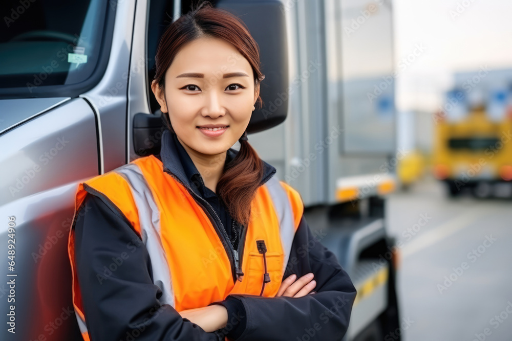 Beautiful Young Asian Woman Truck Driver . Сoncept Empowerment Through ...