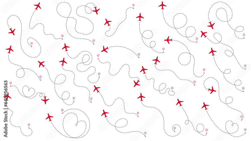 Airplane or aeroplane routes path set. Travel concept from start point ...