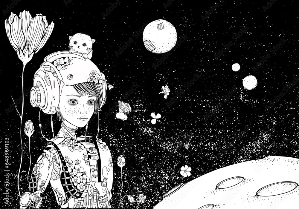 A teenage robot girl looks at flowers and space. Zentangle style. Black ...