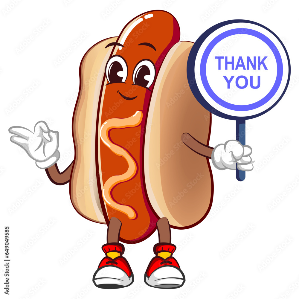 Cute happy hot dog mascot giving okay sign while holding sign saying ...