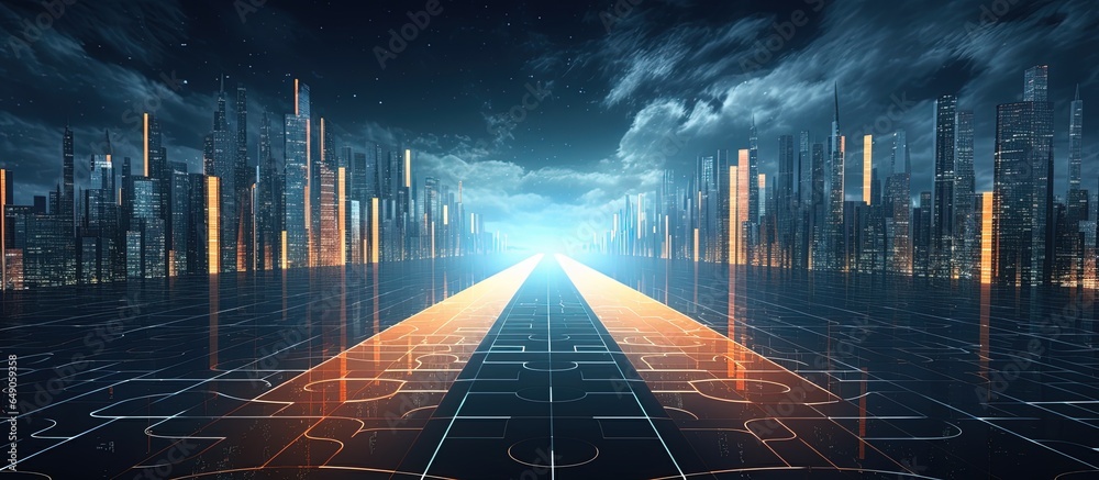 Abstract highway path rendered in through digital towers in a city ...