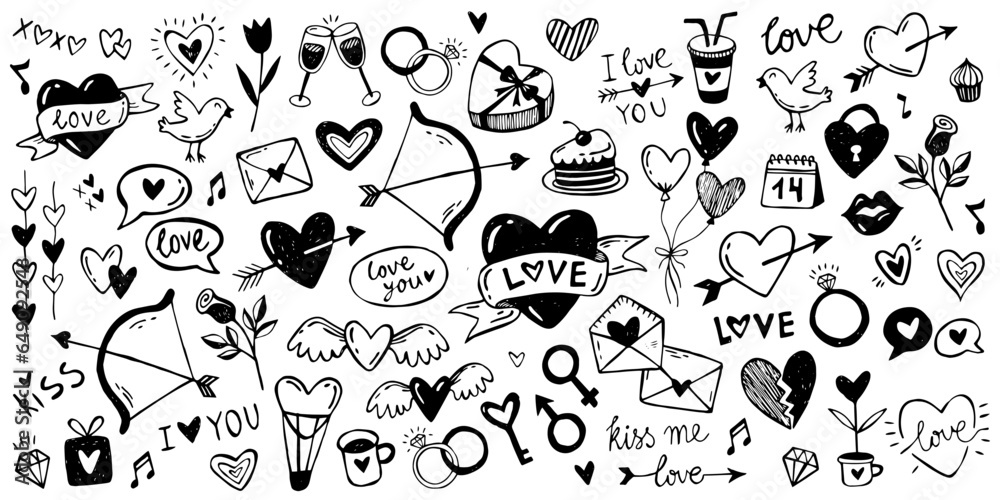 Valentines day doodles set. Love theme simple doodle illustration for ...