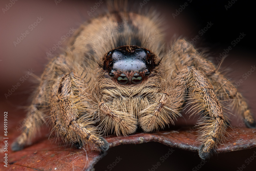 Macro image of beautiful Female Jumping Spider Hyllus Giganteus in ...