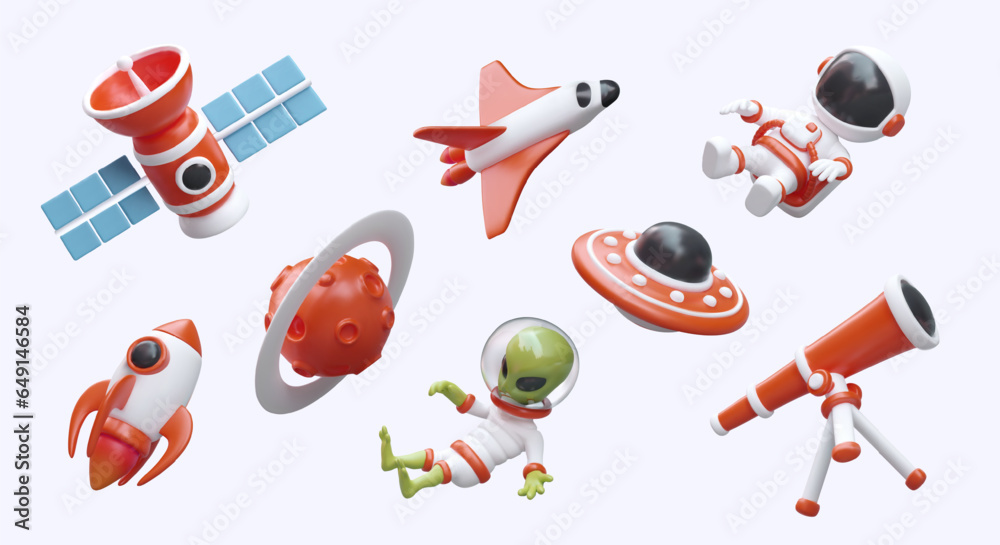 Set of realistic space objects in cartoon style. Color spaceship and ...