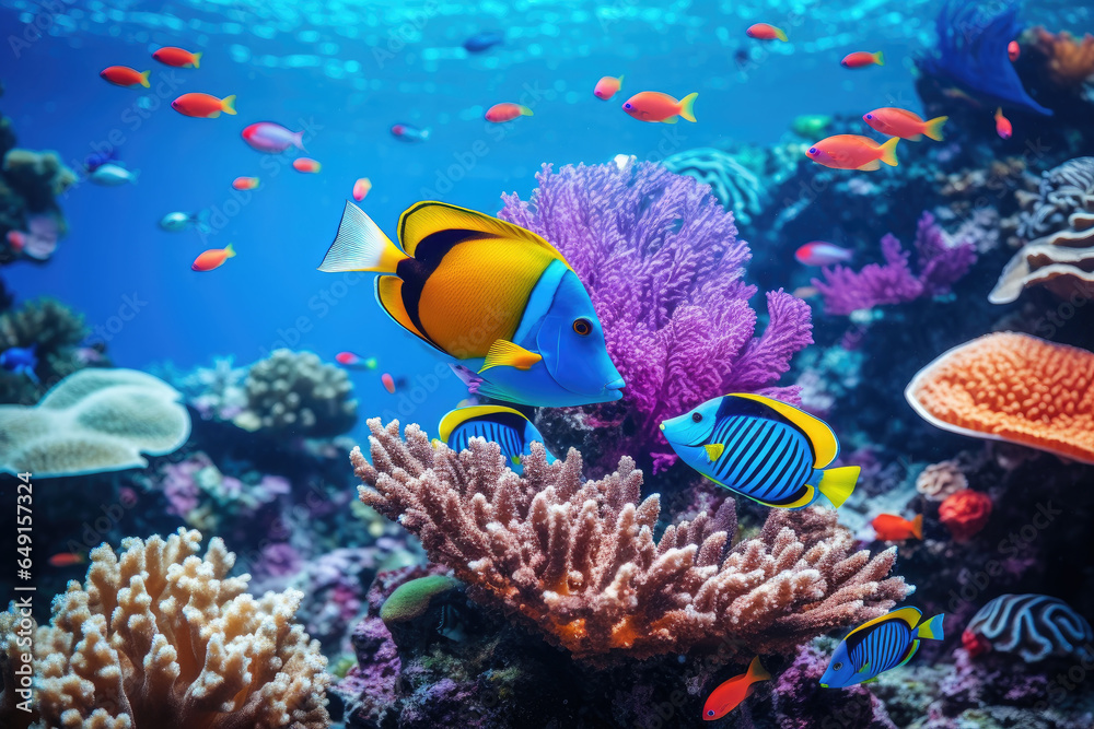 Underwater with colorful sea life fishes and plant at seabed background ...