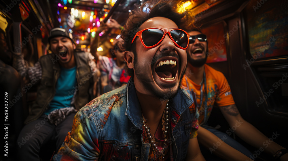 Exuberant friends in vibrant attire capturing joyous moments on a ...