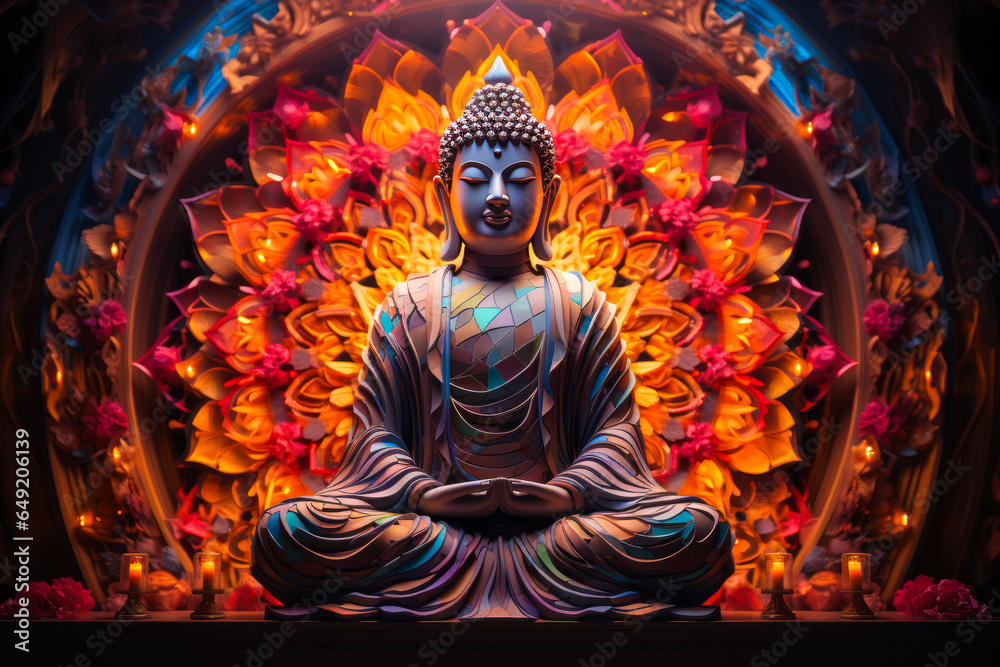 Surreal Buddha statue with third eye in midst of vibrant psychedelic ...