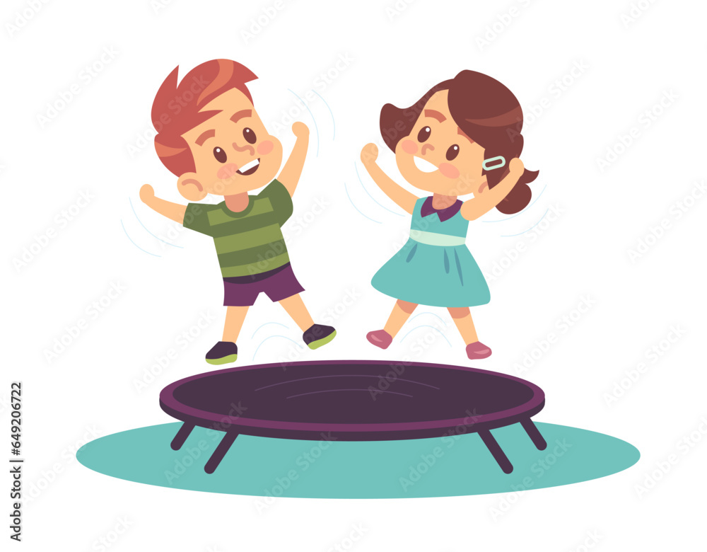 Children jumping on trampoline, laughing and having fun. Boy and girl ...