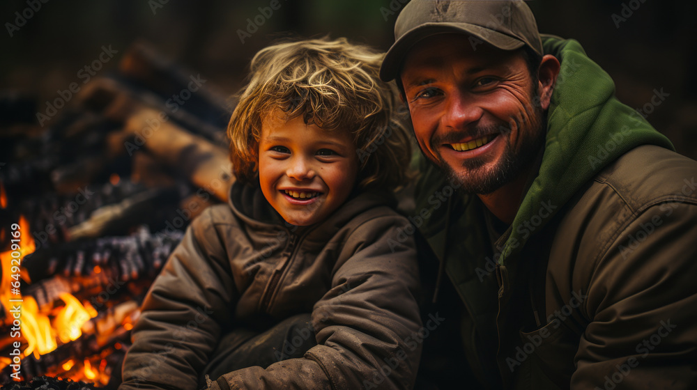 Poignant moment of father and son hunters joyfully kindling campfire in ...
