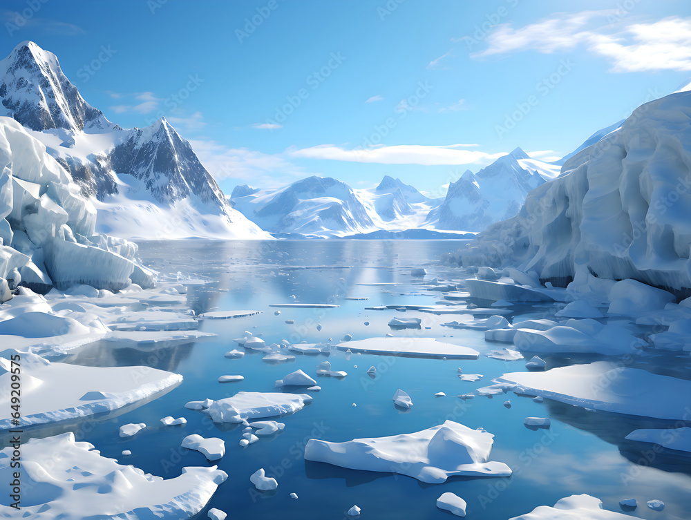 Climate change and global warming. Icebergs from a melting glacier in ...