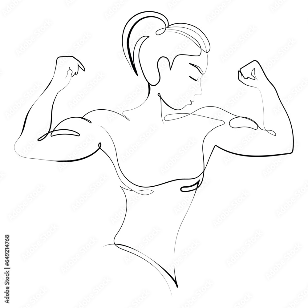 Fitness woman with an athletic body shows her biceps muscles One line ...